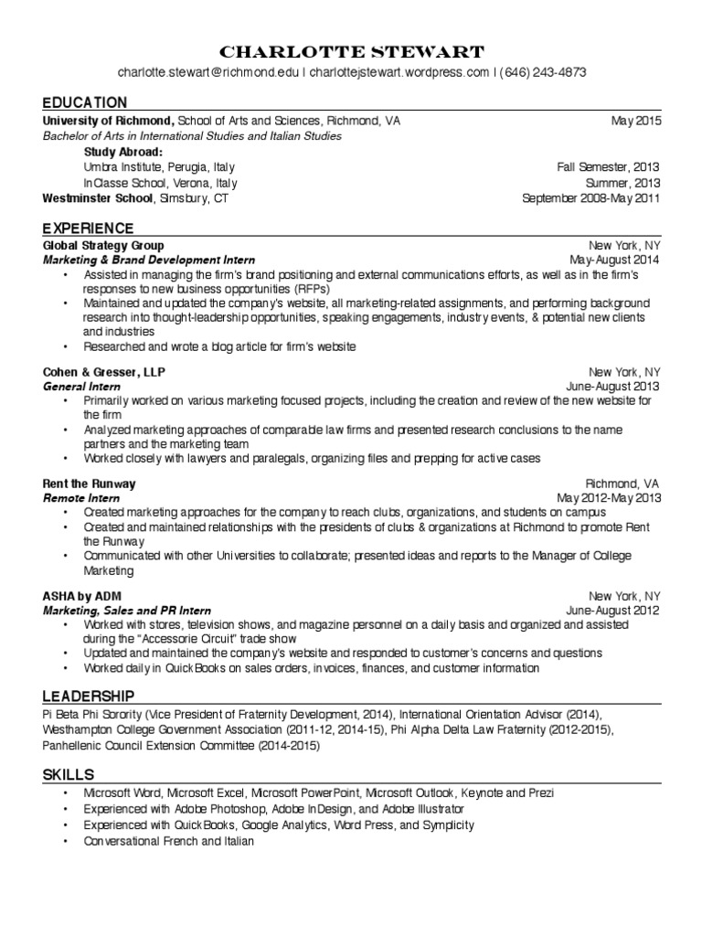 Charlotte Stewart's Marketing Internship Resume | PDF | Fraternities ...