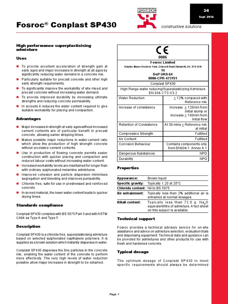 Conplast SP430 0914 | PDF | Concrete | Chemistry