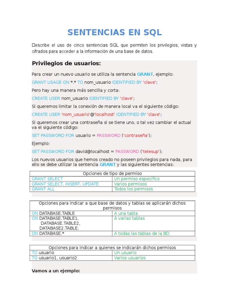 Sentencias en SQL | SQL | Contraseña