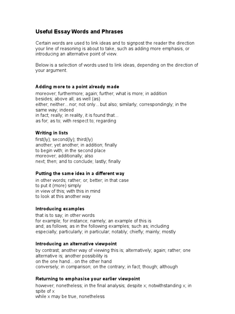Essential Words for Essay Writing | PDF | Essays | Phrase