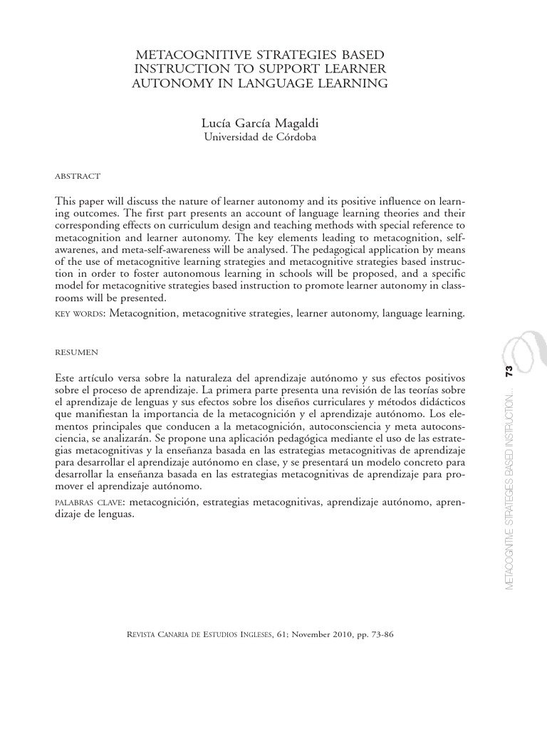 Metacognitive Strategies Based Instruction To Support Learner Autonomy in Language Learning ...