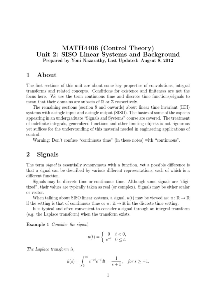 SISO Linear Systems in Control Theory | PDF | Laplace Transform ...