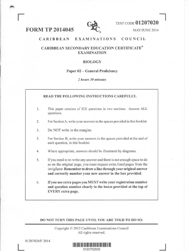 CSEC Biology Paper 2 2014 | PDF