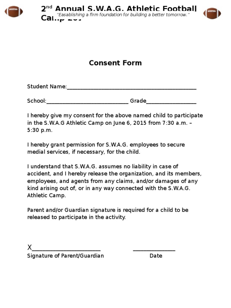 Football Camp Consent Form 2015 | PDF