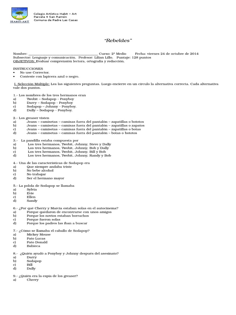 Evaluación de "Rebeldes" para 2° Medio | PDF | Ocio