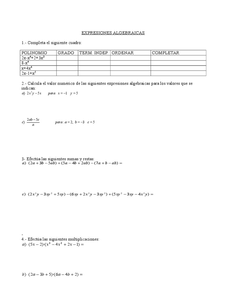 Ejercicios de Expresiones Algebraicas | PDF | Exponenciación | Multiplicación