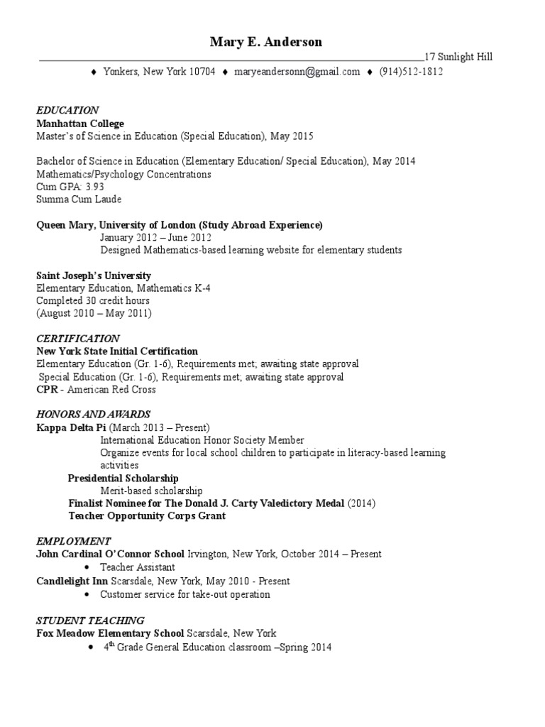 Mary Anderson - Resume | PDF | Inclusion (Education) | Tutor