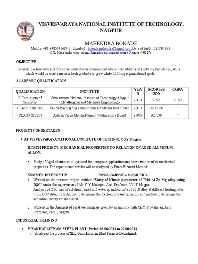 Resume Mahendra | PDF | Metallurgy | Steel