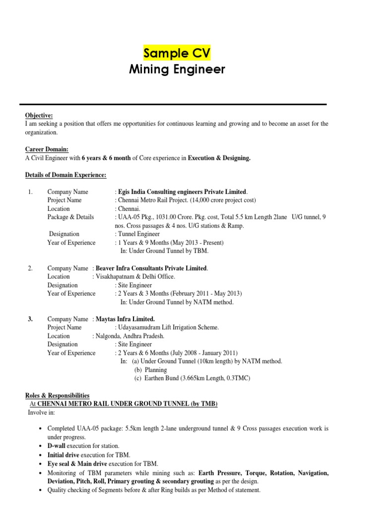 Mining Engineer Recruitment India - Sample CV2 | PDF | Tunnel | Civil ...