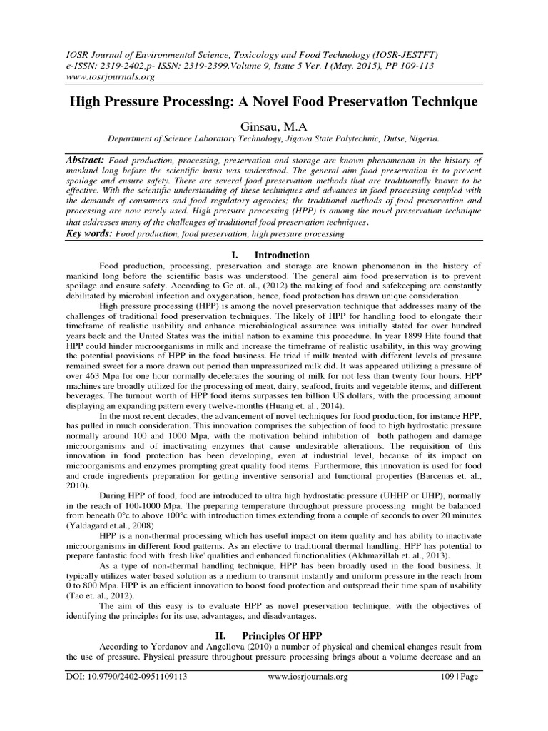 High Pressure Processing: A Novel Food Preservation Technique | Food ...