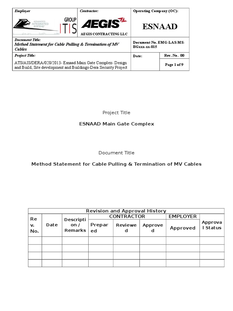 MV Cable Pulling and Installation Method Statement | PDF | Cable | General Contractor