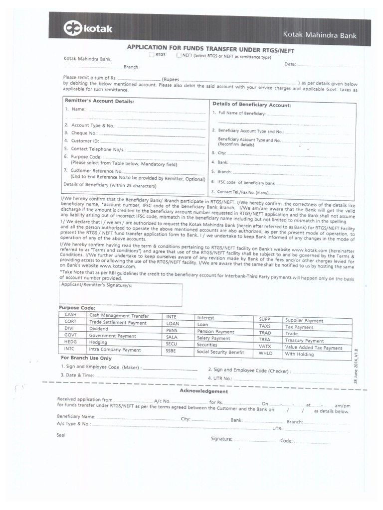 Kotak RTGS Form PDF | PDF