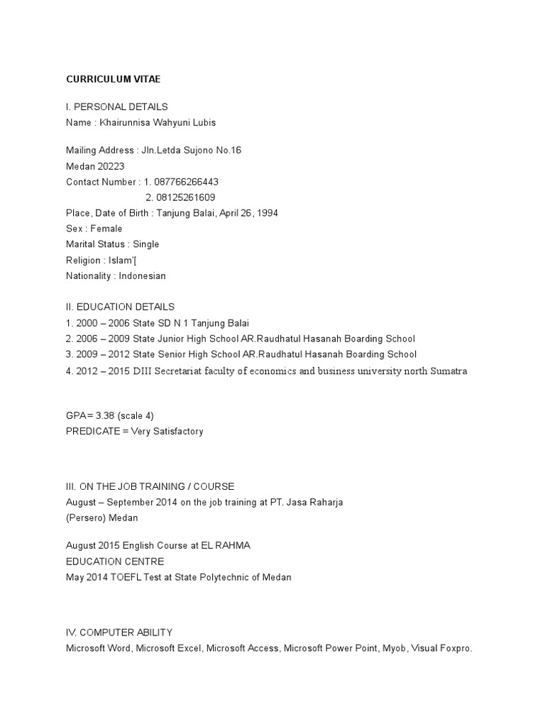 Khairunnisa Wahyuni Lubis CV | PDF