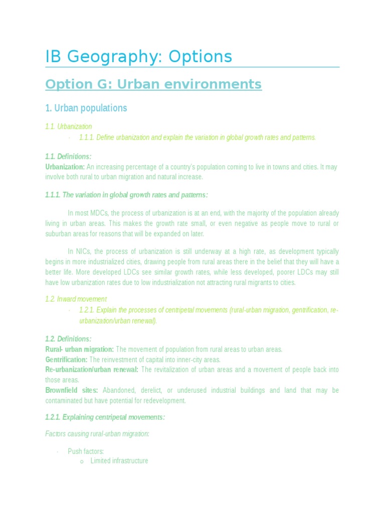 IB Geography Option G Notes | PDF | Urbanization | Sustainability