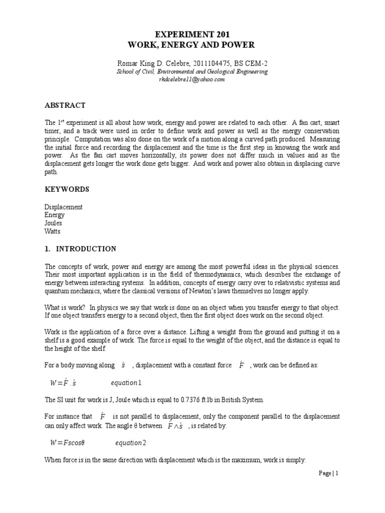 Experiment 201 Work, Energy and Power: Romar King D. Celebre ...