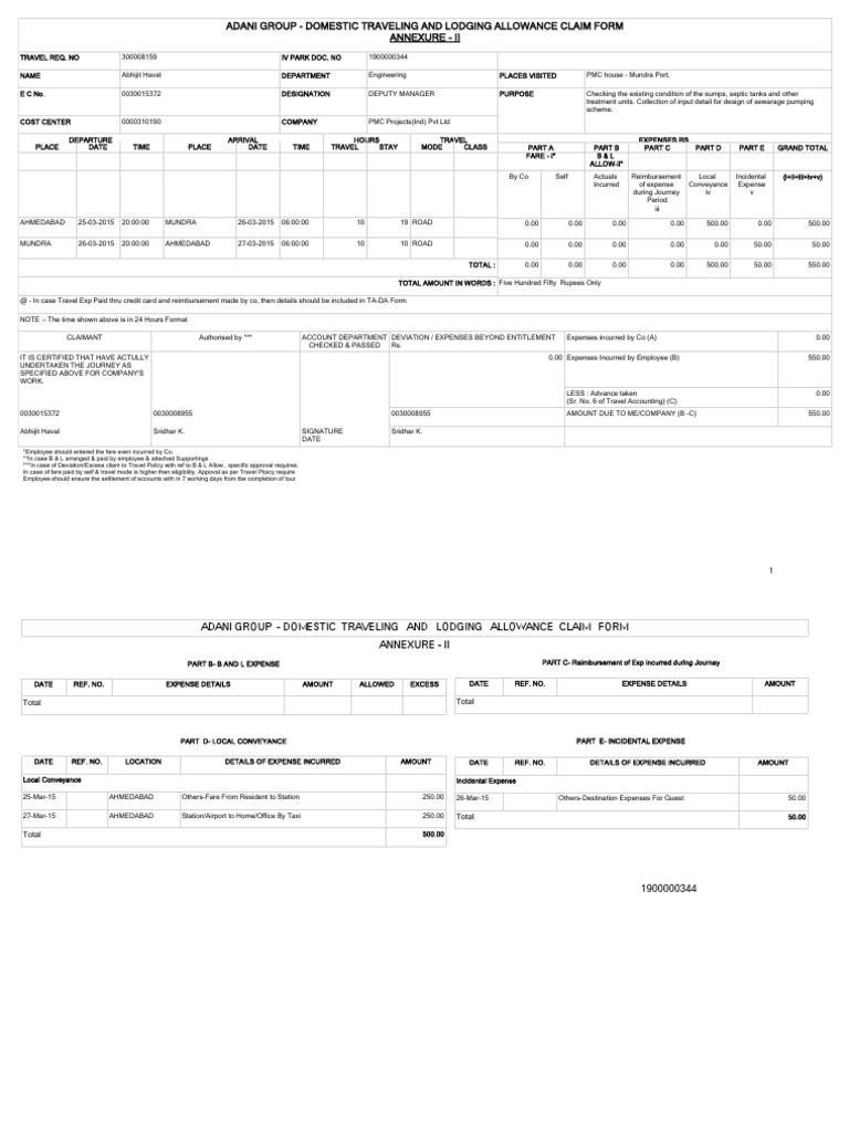 Adani Group - Domestic Traveling and Lodging Allowance Claim Form ...