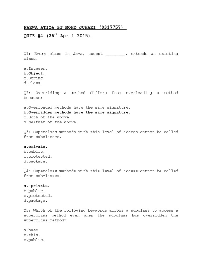 Java Quiz 4 Method Computer Programming Inheritance Object Oriented Programming Free 3935