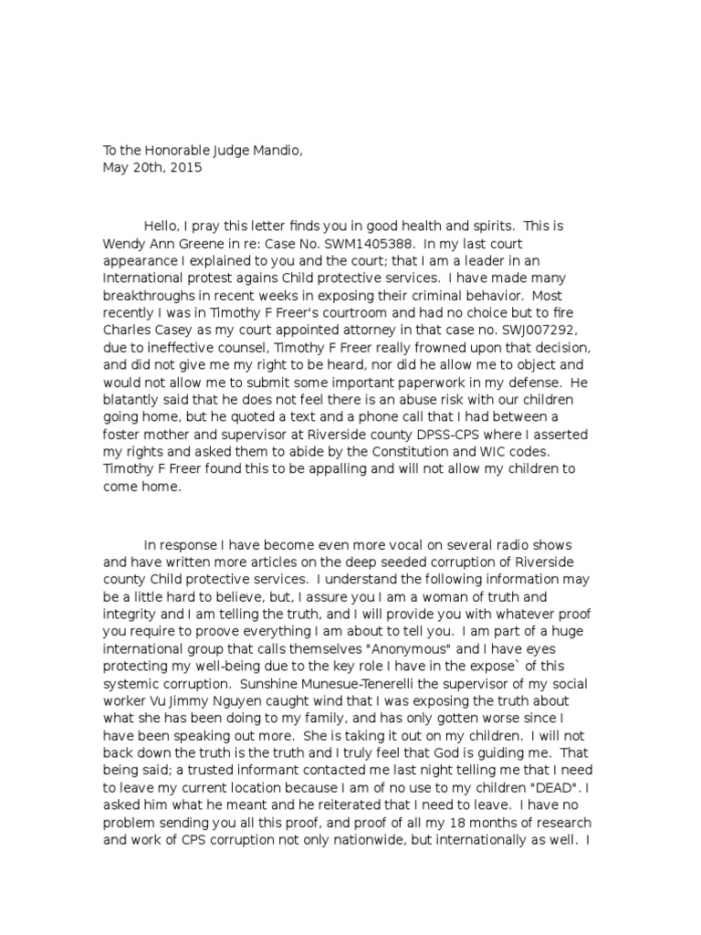 Letter To Judge Mandio | PDF | Plea | Child Protective Services