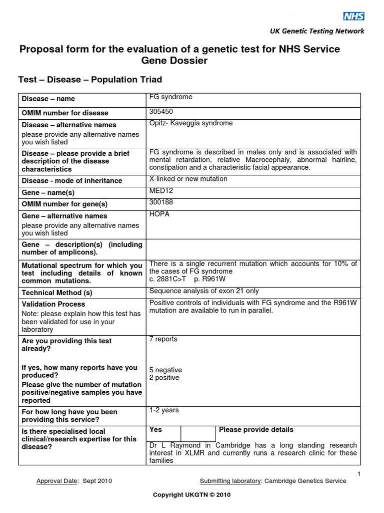 FG Syndrome OKS MED12 GD Sept 10 | PDF | Sensitivity And Specificity ...