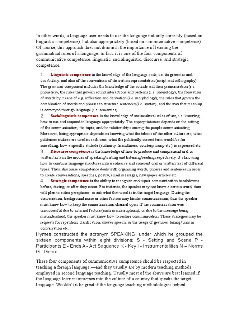 Hymes Theory of Communicative Competence | PDF | Linguistics | Grammar