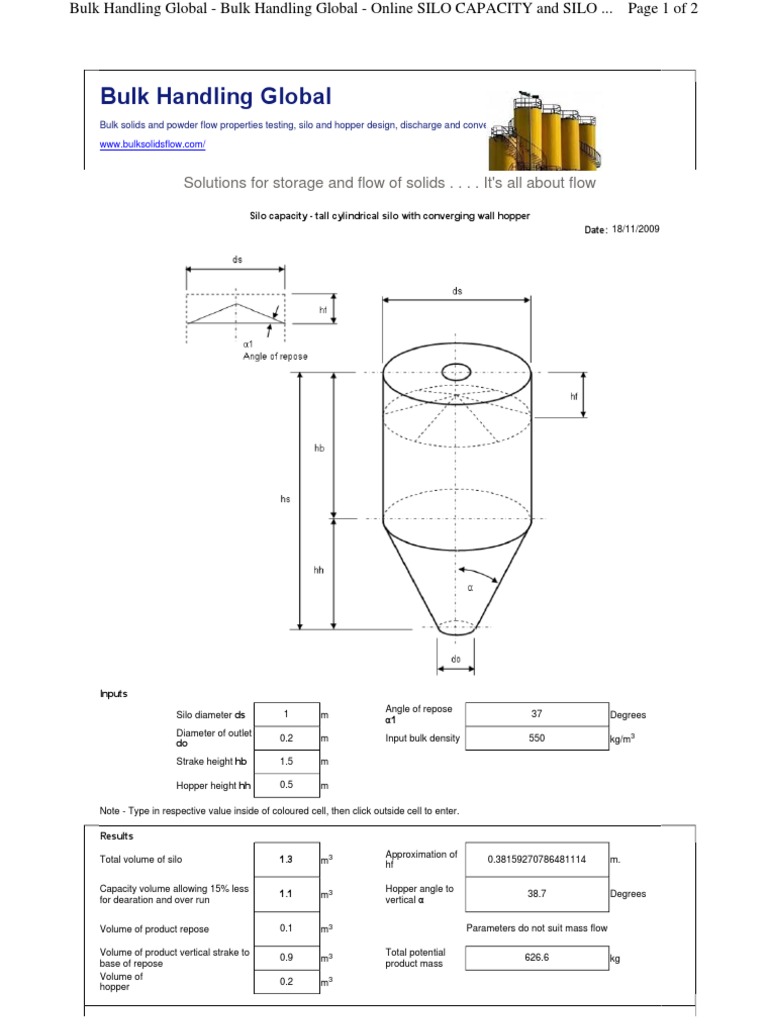 Silo Capacity and Design Calculator | PDF | Volume | Physics
