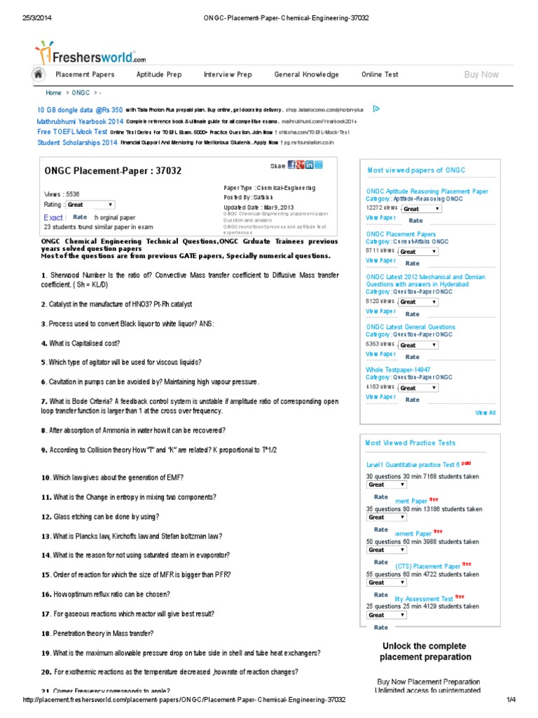Ongc Placement Paper Chemical Engineering Download Free Pdf Heat