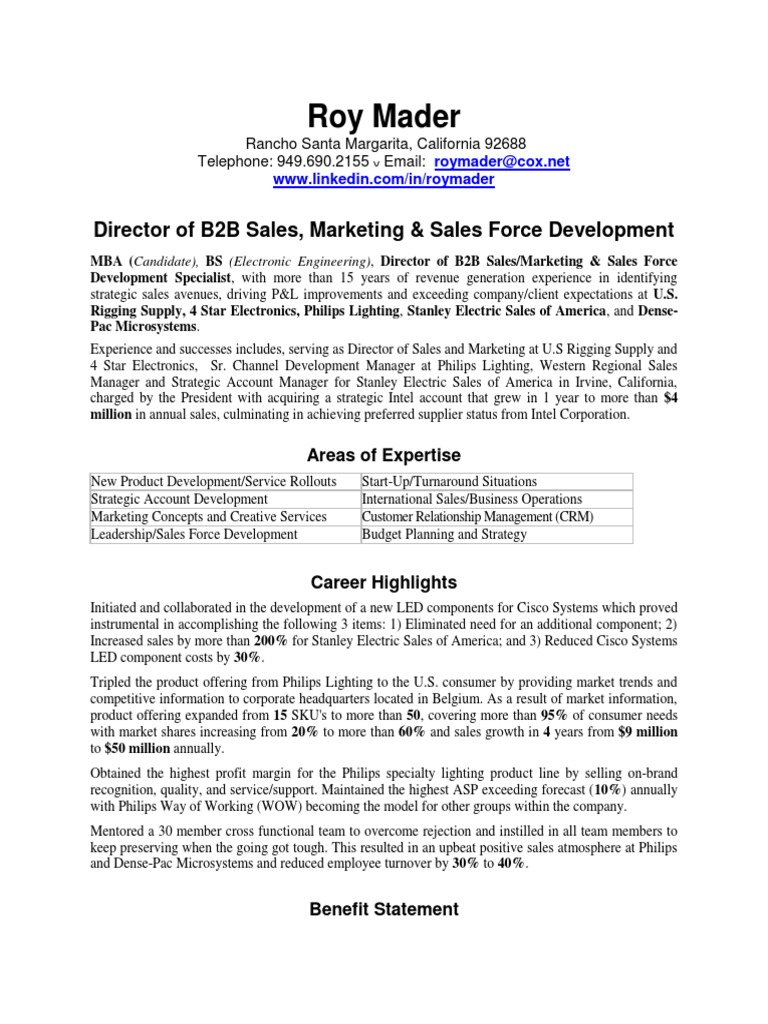 VP Director Sales in Irvine CA Resume Roy Mader | PDF | Sales ...