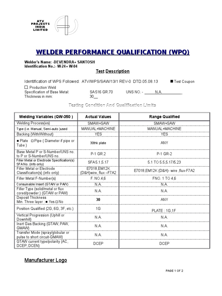 Welder Performance Qualification (WPQ) | PDF