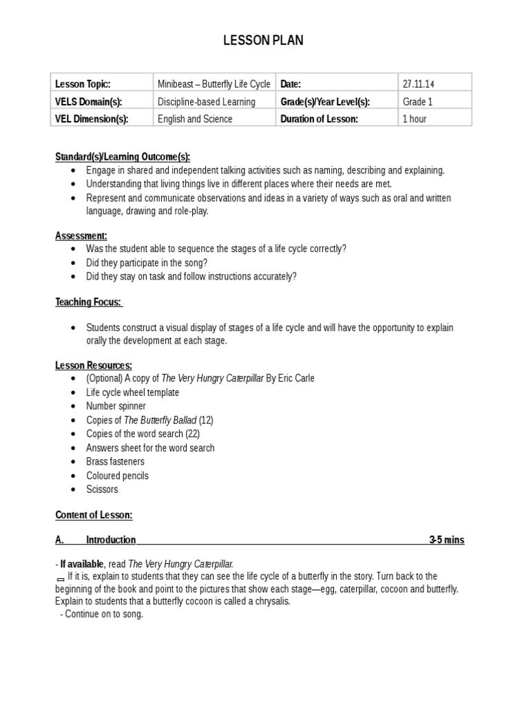 Butterfly Life Cycle Lesson Plan | PDF | Butterfly | Pupa