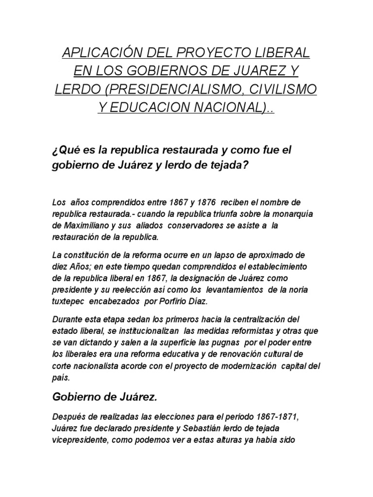 Aplicación Del Proyecto Liberal en Los Gobiernos de Juarez y Lerdo ...