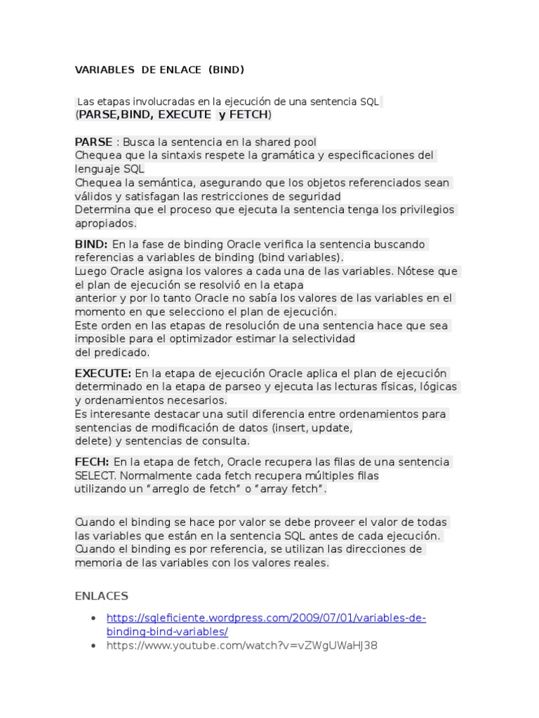 Variables de Enlace (Bind) | PDF | Pl / Sql | SQL