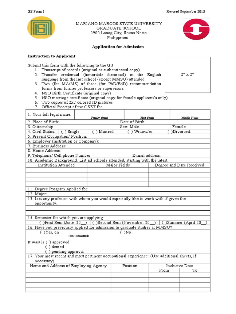 MMSU Graduate School Admission Form | PDF | Career & Growth | Sports ...