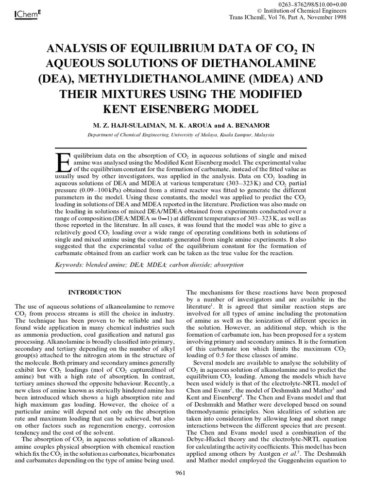 Analysis of Equilibrium Data of CO2 in Aqueous Solutions of Diethanolamine (DEA ...