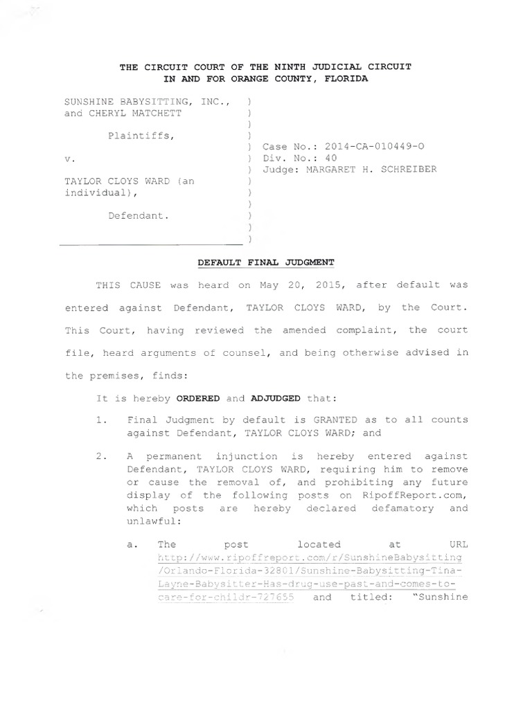 2015-05-20 Order of Default Final Judgment | Defamation | Public Law