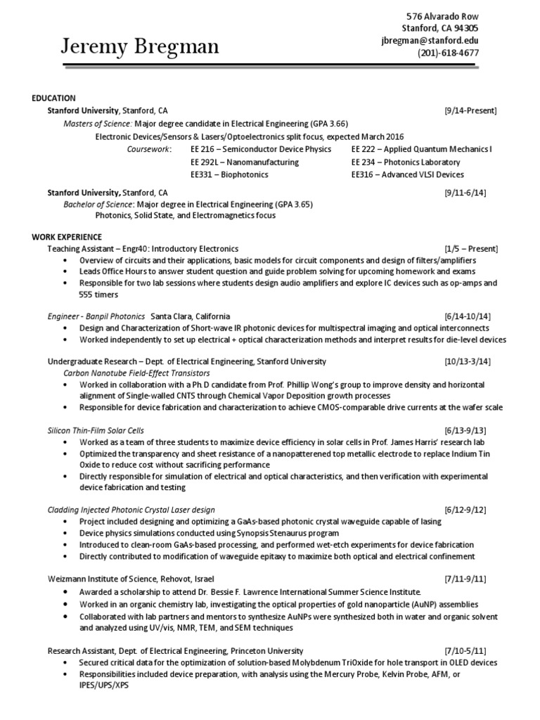 Jeremy Bregman Resume | PDF | Photonics | Solar Cell