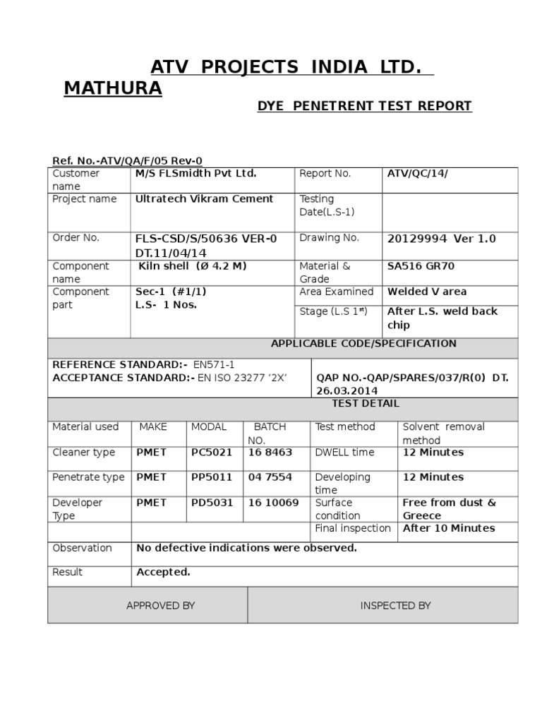 Industrial Dye Penetrant Test Report | PDF