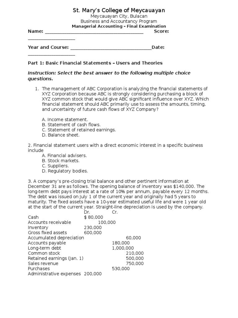 MAS Final Exam | PDF | Balance Sheet | Financial Statement