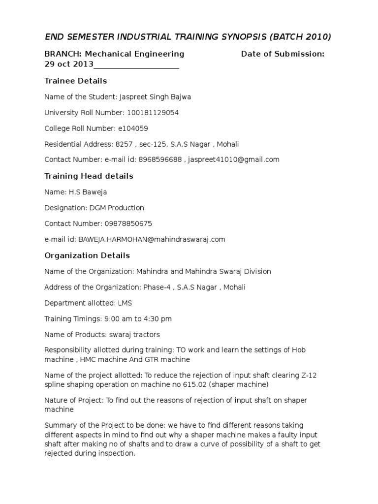 End Semester Industrial Training Synopsis (Batch 2010) | PDF