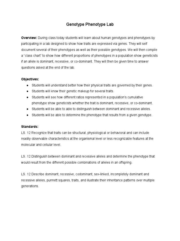 Genotype Phenotype Lab: Overview | PDF | Phenotypic Trait | Dominance ...