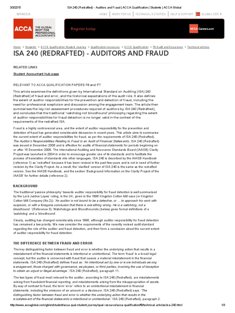 ISA 240 (Redrafted) - Auditors and Fraud - ACCA Qualification - Students - ACCA Global | PDF ...