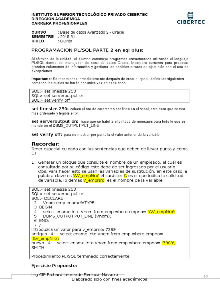 Bloque PL-SQL Ejercicios Desarrollados P2 | PDF | Datos | Gestión de ...