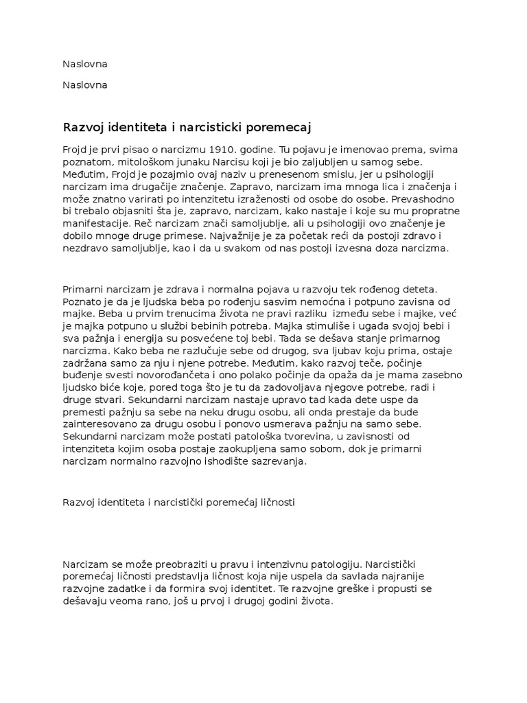 Razvoj Identitet I Narcisticki Poremecaj | PDF