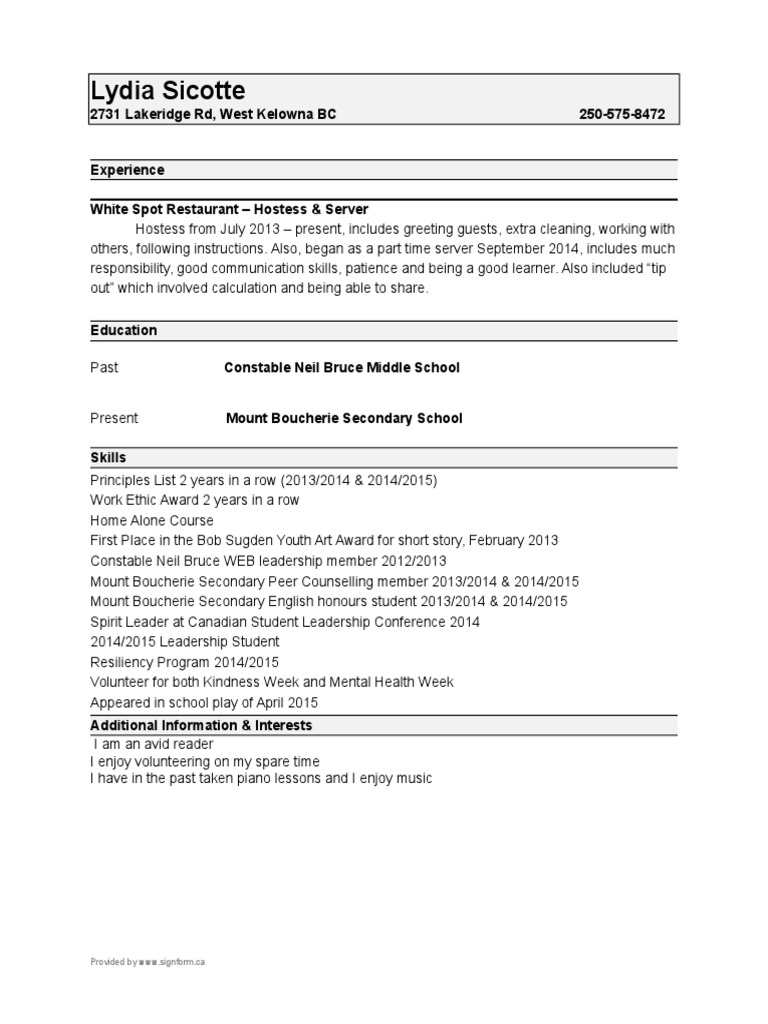 Lydia Sicotte's Resume Summary | PDF