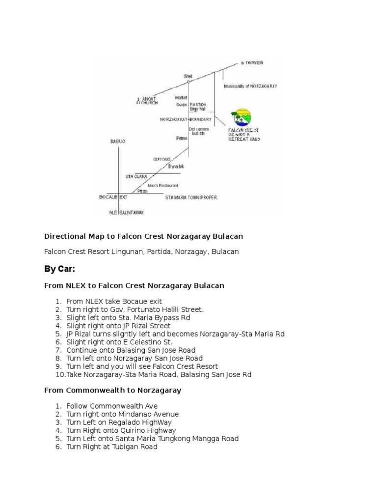 By Car:: Directional Map To Falcon Crest Norzagaray Bulacan | PDF