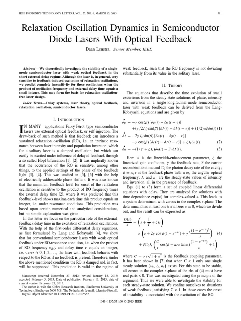 Relaxation Oscillation Dynamics in Semiconductor Diode Lasers With ...