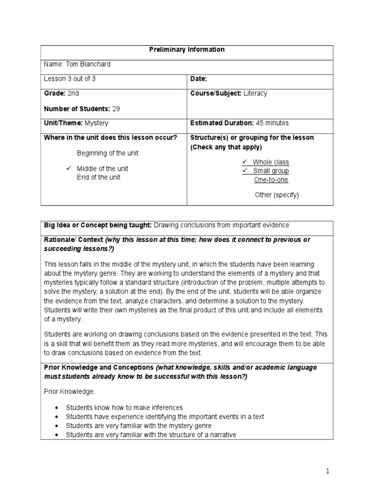 Mystery Unit Drawing Conclusions Lesson Plan 3 - Updated | PDF ...