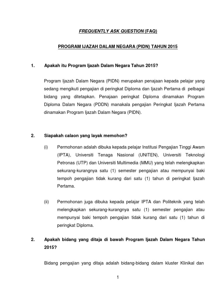 Biasiswa JPA PIDN 2015 FAQ | PDF