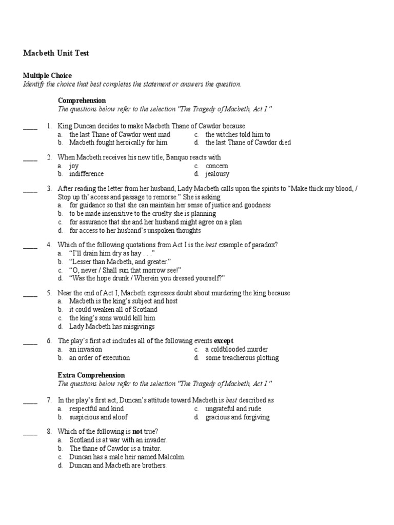 Macbeth Unit Test Study Question and Answers | PDF | Macbeth ...