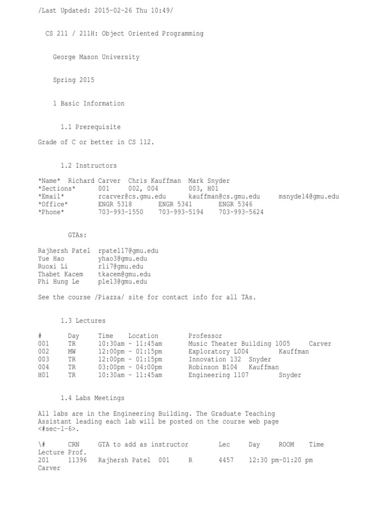 Cs 211211h Object Oriented Programming Syllabus Pdf Test Assessment Computer Programming 