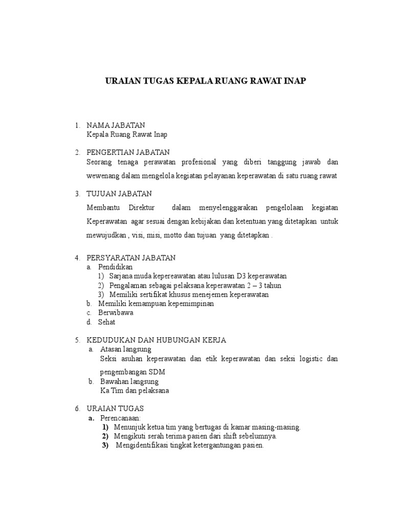 Uraian Tugas Kepala Ruang Rawat Inap | PDF | Karier & Perkembangan | Sains & Matematika